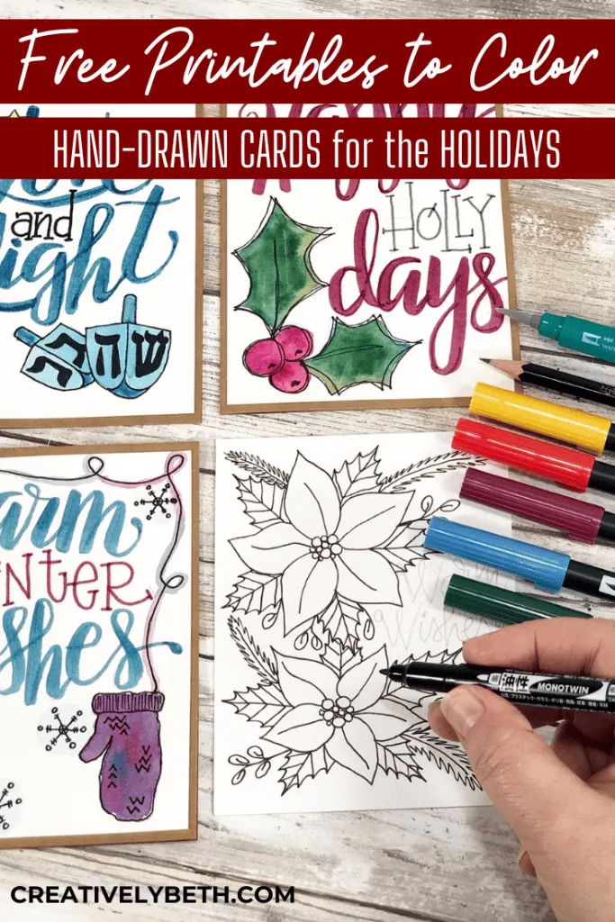 Four Hand-Drawn Holiday Cards to Print and Color