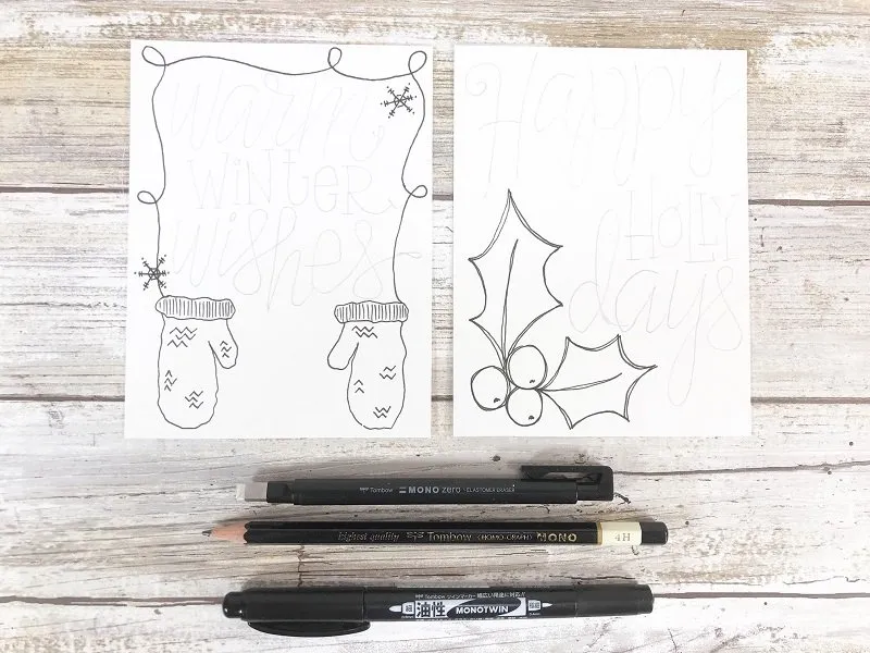Four Hand-Drawn Holiday Cards to Print and Color