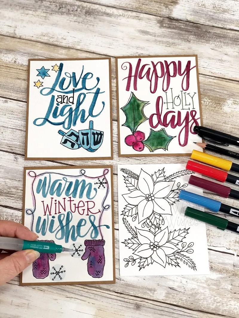 Four Hand-Drawn Holiday Cards to Print and Color