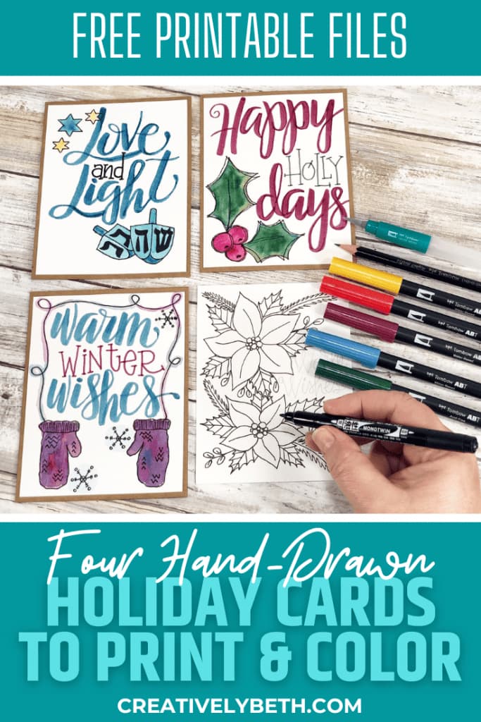 Four Hand-Drawn Holiday Cards to Print and Color
